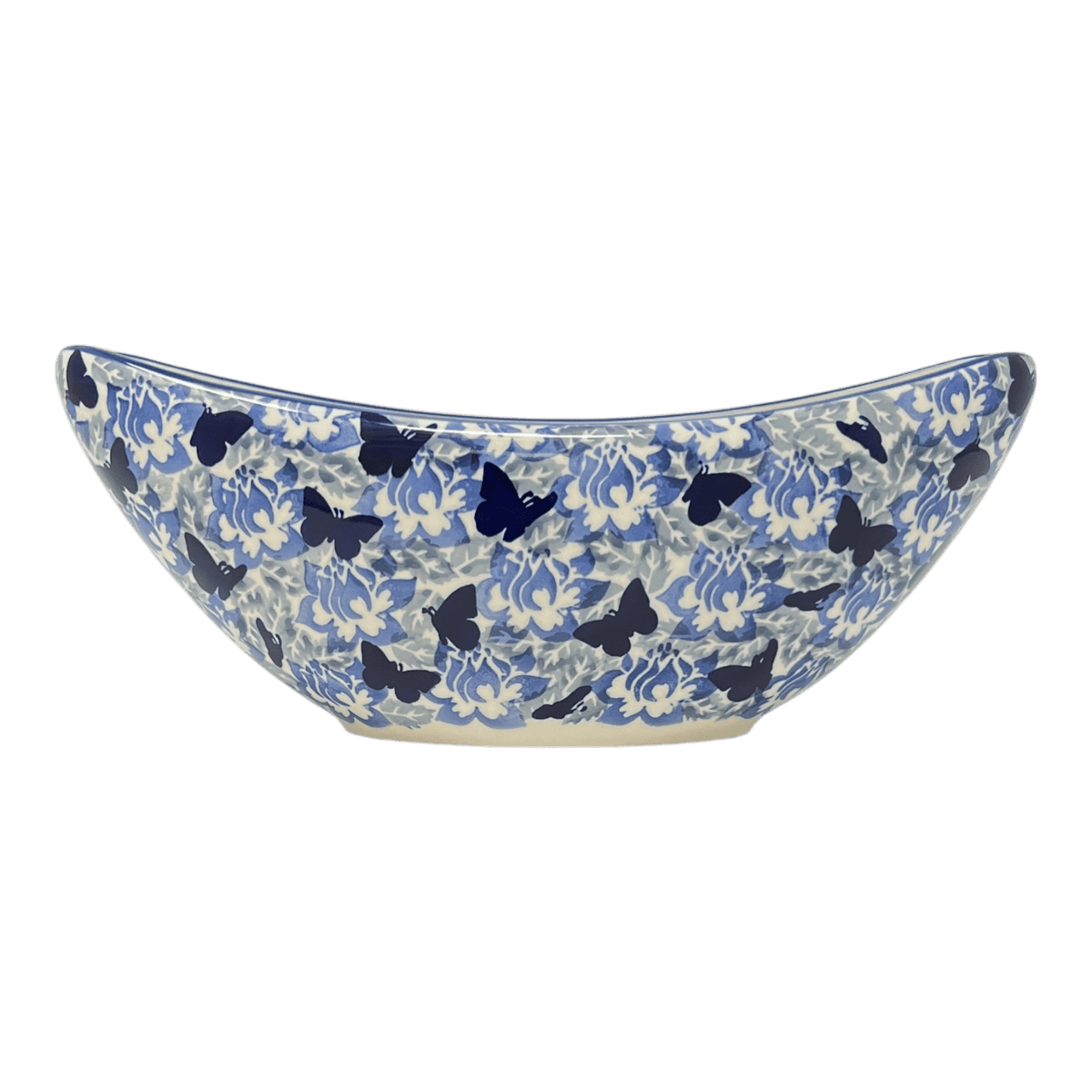 Vase, Ikebana, Oval, Frog Insert, 10.5" x 4.5" in "Dusty Blue Butterfl ...